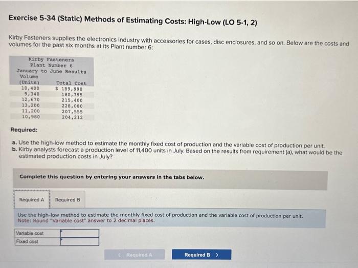 Solved Exercise 5-29 (Static) Methods of Estimating Costs: | Chegg.com