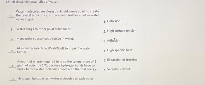 Solved Match these characteristics of water Water molecules | Chegg.com