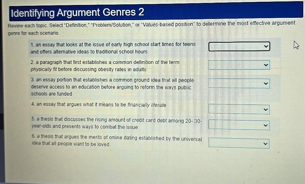 Solved Identifying Argument Genres 2Review each topic. | Chegg.com