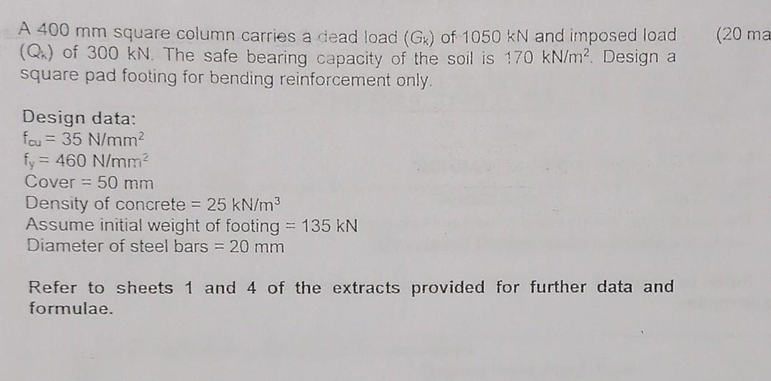 Solved A 400 mm square column carries a dead load (Gk) of | Chegg.com
