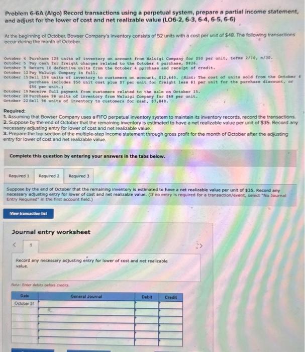Solved Problem 6-6A (Algo) Record transactions using a | Chegg.com