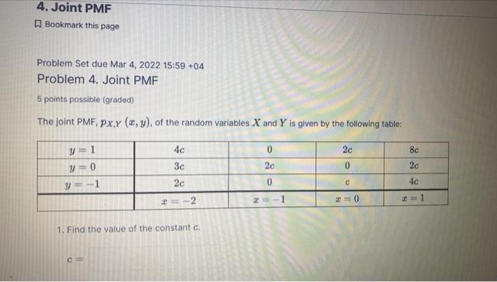 Solved 4. Joint PMF Bookmark this page Problem Set due Mar | Chegg.com