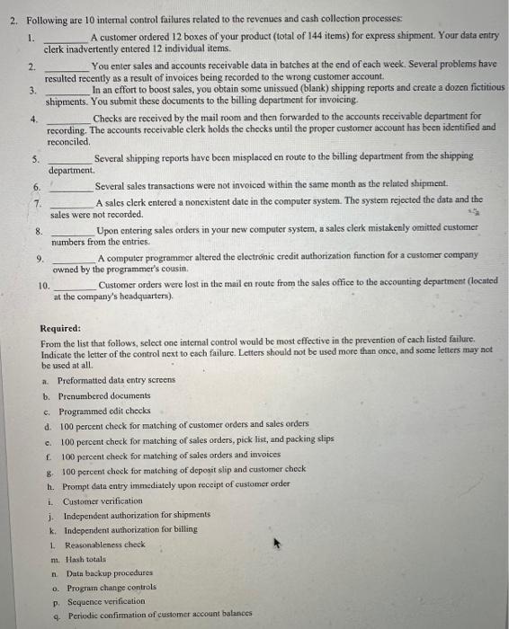 2. Following are 10 internal control failures related | Chegg.com