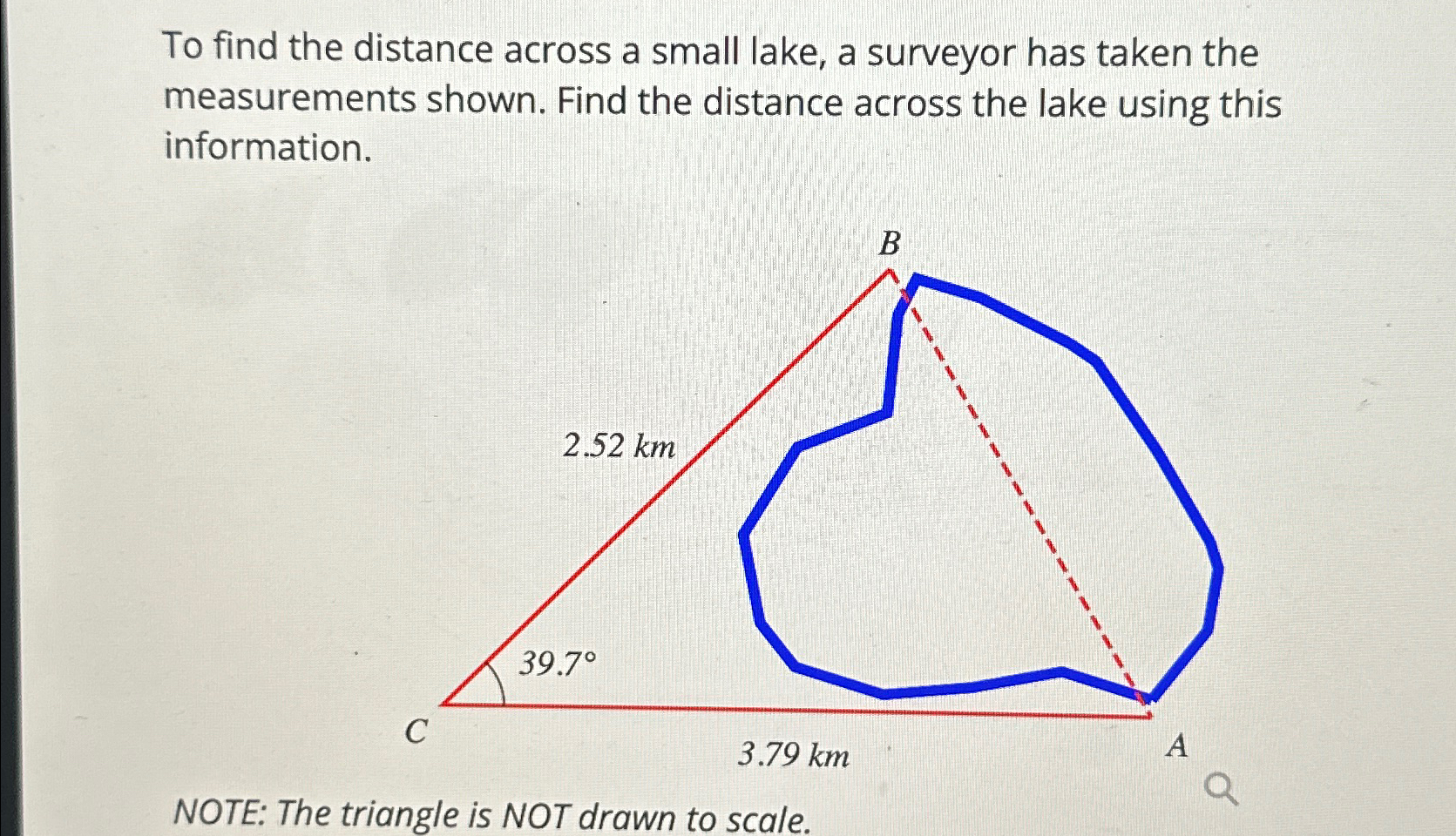 Solved To find the distance across a small lake, a surveyor | Chegg.com