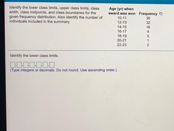 Solved Identify the lower class limits, upper class limits, | Chegg.com