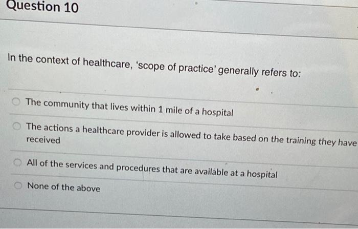 Solved Question 10 In the context of healthcare, 'scope of | Chegg.com