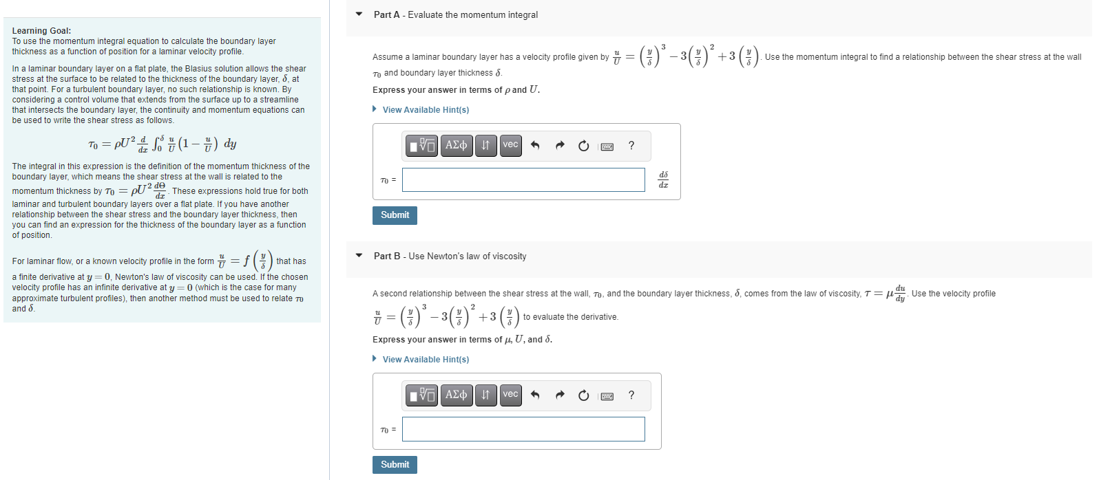 Solved Learning Goal:To use the momentum integral equation | Chegg.com