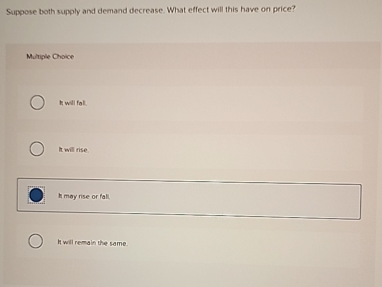 Solved Suppose both supply and demand decrease. What effect | Chegg.com