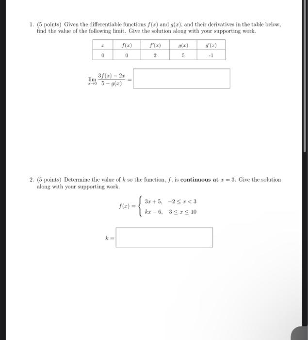 Solved 1. (5 points) Given the differentiable functions f(x) | Chegg.com