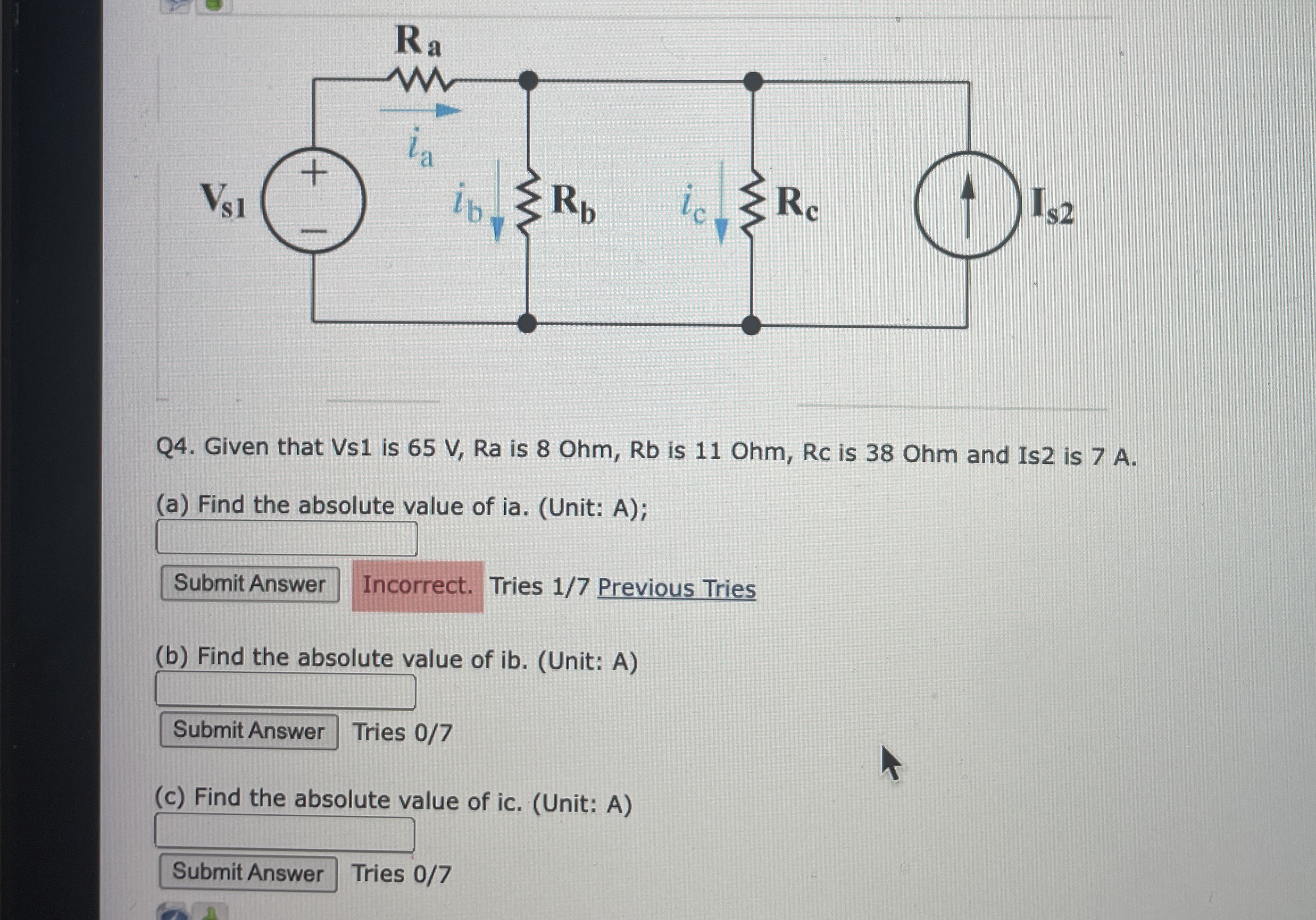 Solved Q4. ﻿Given that Vs1 ﻿is 65 ﻿V , ﻿Ra is 8Ohm,Rb ﻿is | Chegg.com