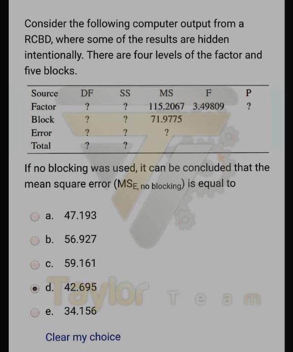 Solved Consider the following computer output from a RCBD, | Chegg.com