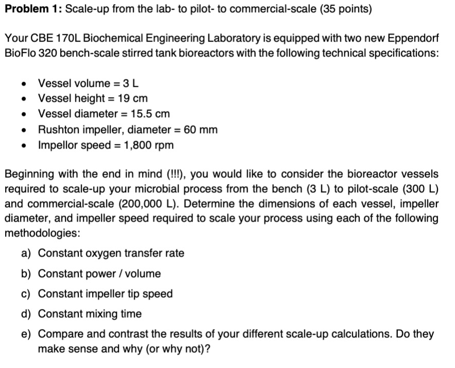 Solved Problem 1: Scale-up from the lab- ﻿to pilot- ﻿to | Chegg.com