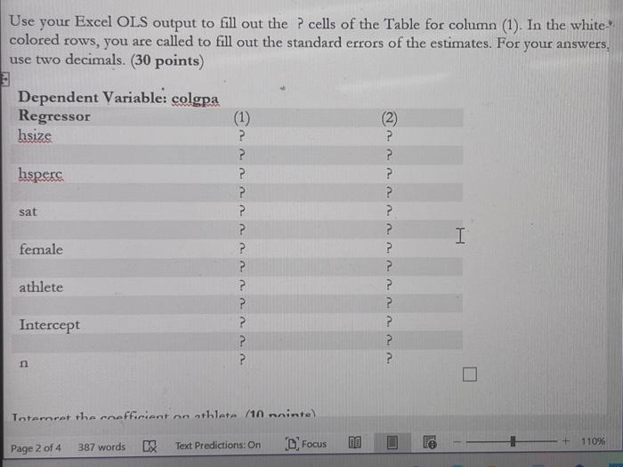 Solved Use your Excel OLS output to fill out the ? cells of | Chegg.com