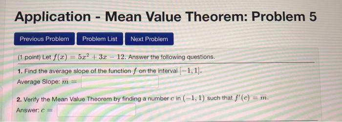 Solved Application - Mean Value Theorem: Problem 2 Previous | Chegg.com