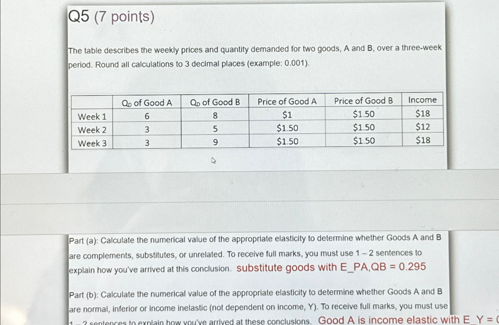Solved Q5 (7 ﻿points)The table describes the weekly prices | Chegg.com