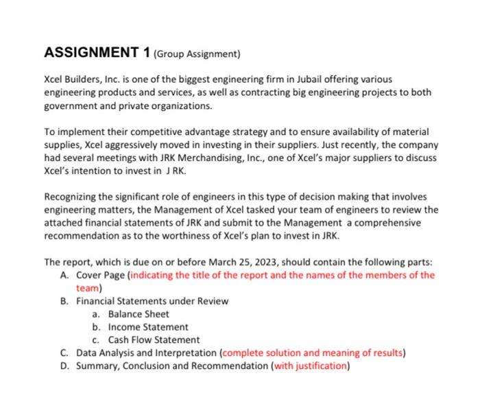 Solved ASSIGNMENT 1 (Group Assignment) Xcel Builders, Inc. | Chegg.com
