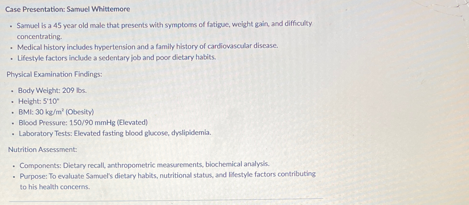 Solved Case Presentation: Samuel WhittemoreSamuel is a 45 | Chegg.com