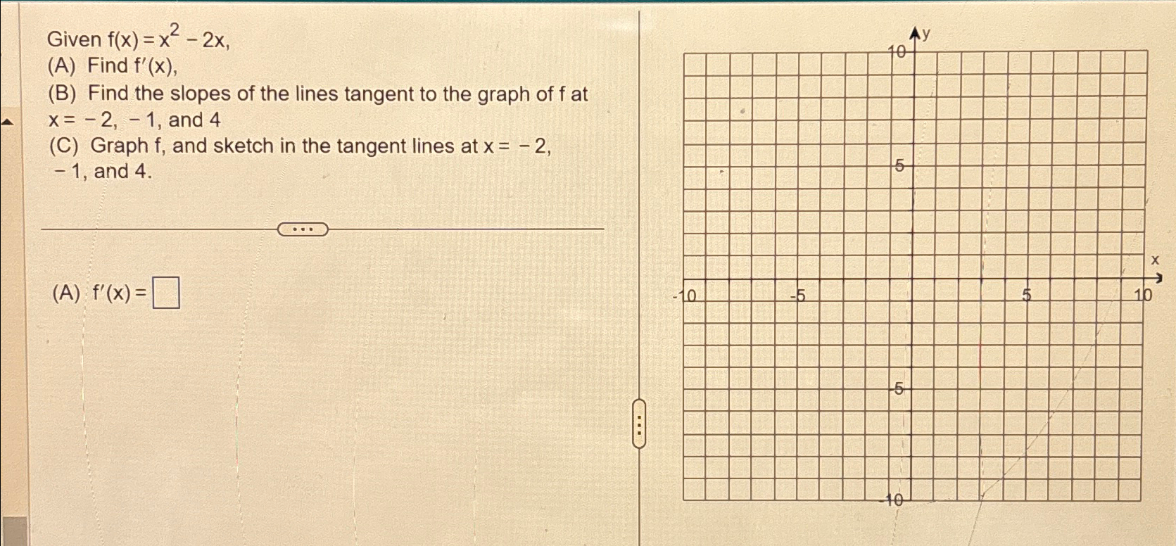 Solved Given f(x)=x2-2x(A) ﻿Find f'(x),(B) ﻿Find the slopes | Chegg.com
