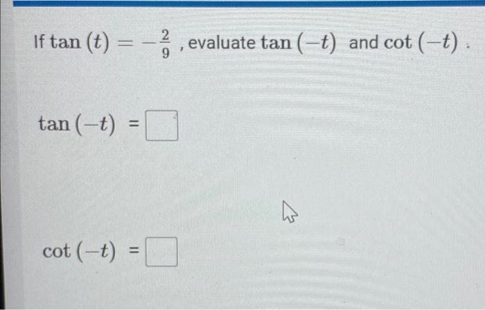 Solved If tan(t)=−92, evaluate tan(−t) and cot(−t). tan(−t)= | Chegg.com