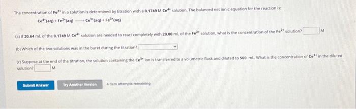 Solved The concentration of Fe2+ in a solution is determined | Chegg.com