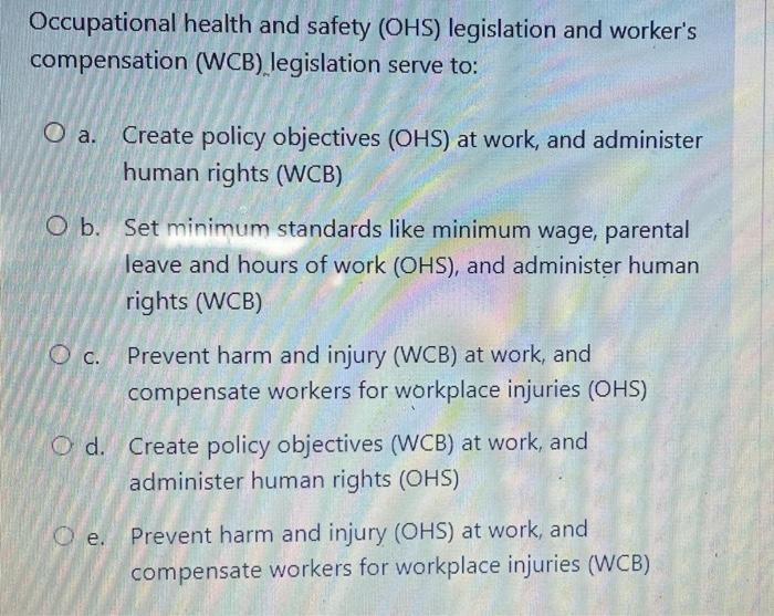 Solved Occupational health and safety (OHS) legislation and | Chegg.com