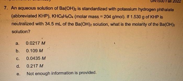 Solved 7. An aqueous solution of Ba(OH)2 is standardized | Chegg.com