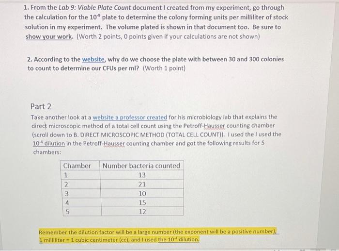 1. From the Lab 9: Viable Plate Count document I | Chegg.com