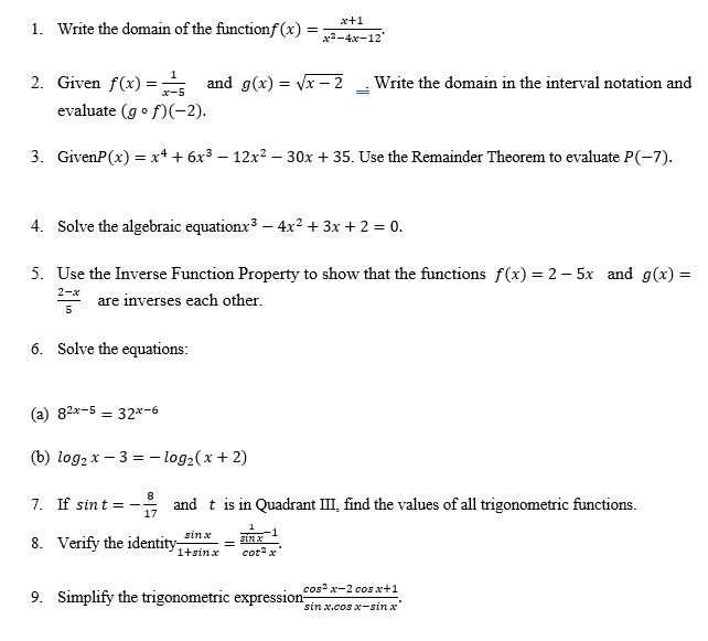 Solved 1 Write The Domain Of The Functionf X X 1