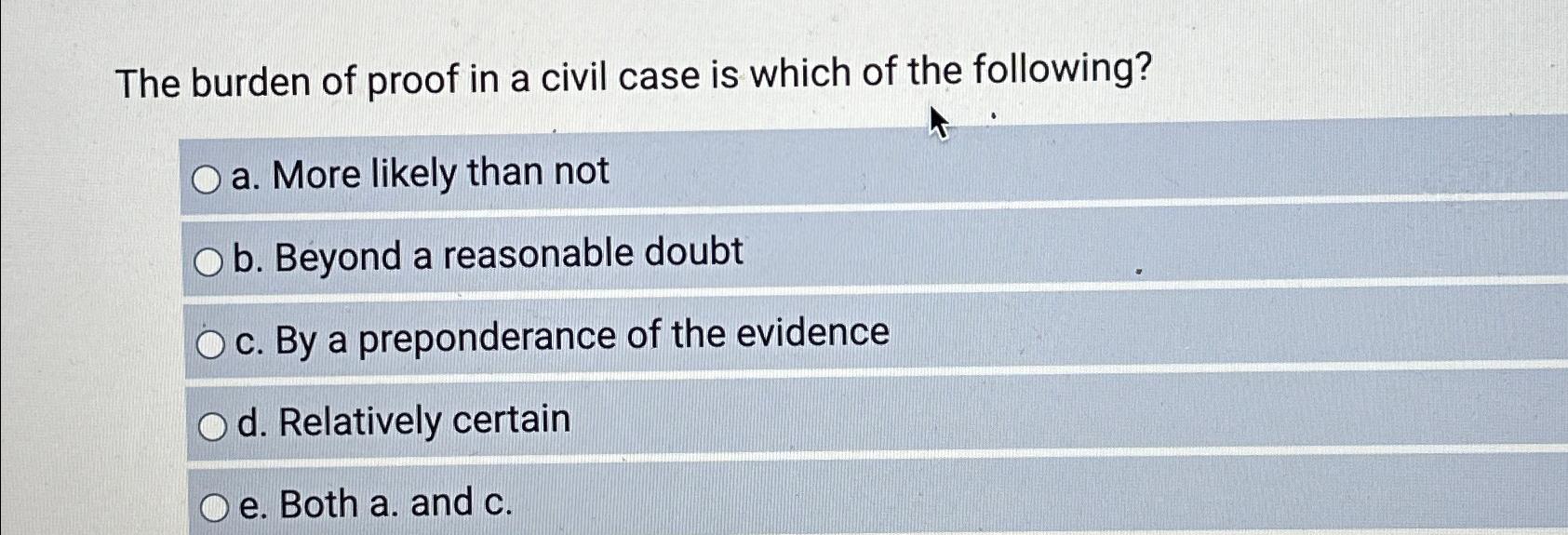 Solved The burden of proof in a civil case is which of the | Chegg.com
