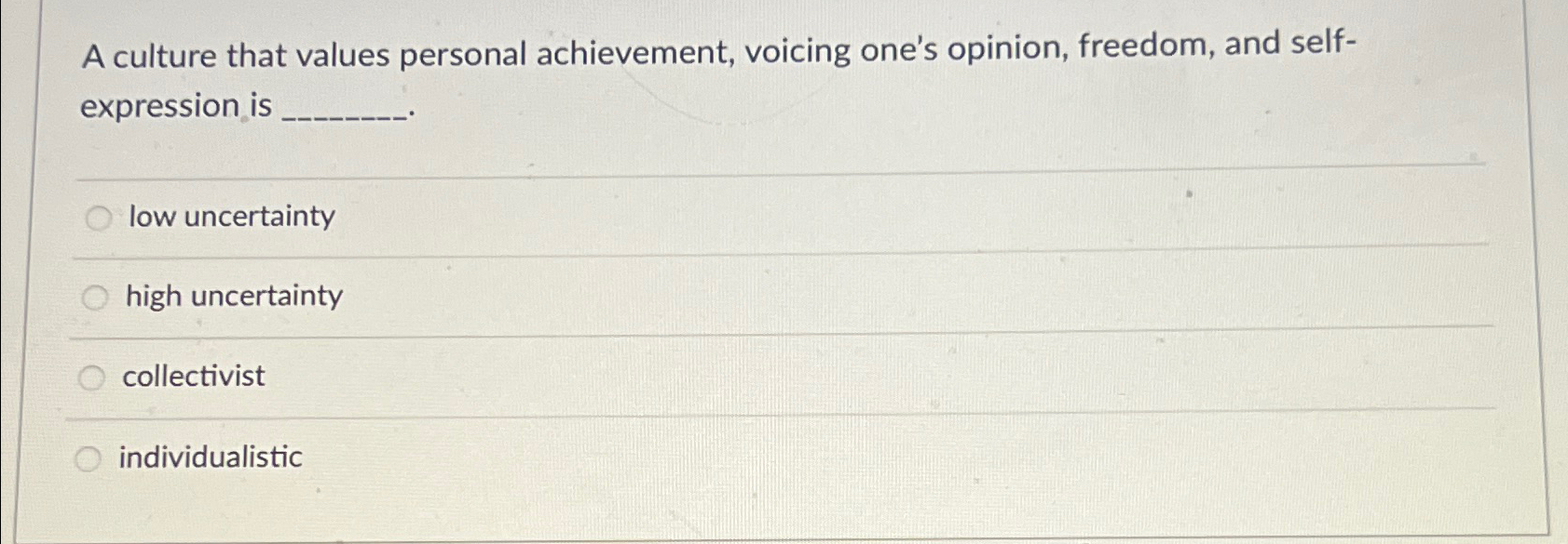 Solved A culture that values personal achievement, voicing | Chegg.com
