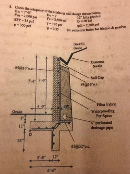 3. Check the adequacy of the retaining wall design | Chegg.com