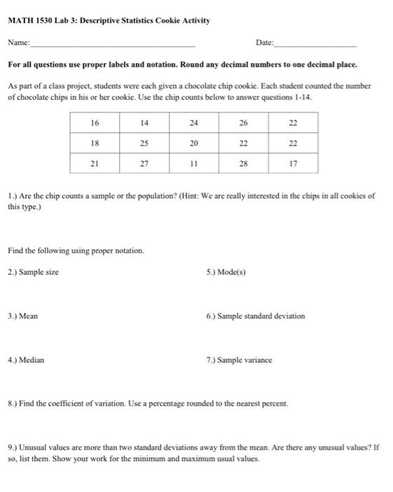 Solved MATH 1530 Lab 3: Descriptive Statistics Cookie | Chegg.com