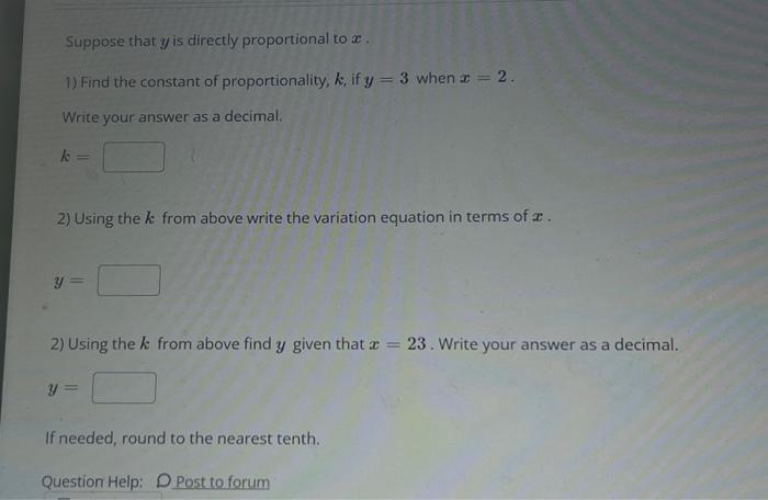 Suppose that y is directly proportional to x. 1) Find | Chegg.com