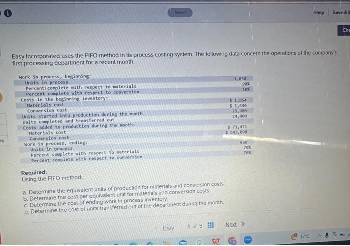 Solved Easy Incorporated uses the FIFO method in its process | Chegg.com