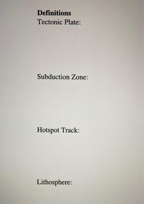 Solved Definitions Tectonic Plate: Subduction Zone: Hotspot | Chegg.com