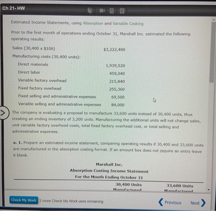 Solved Ch 21-HW Estimated Income Statements, using | Chegg.com
