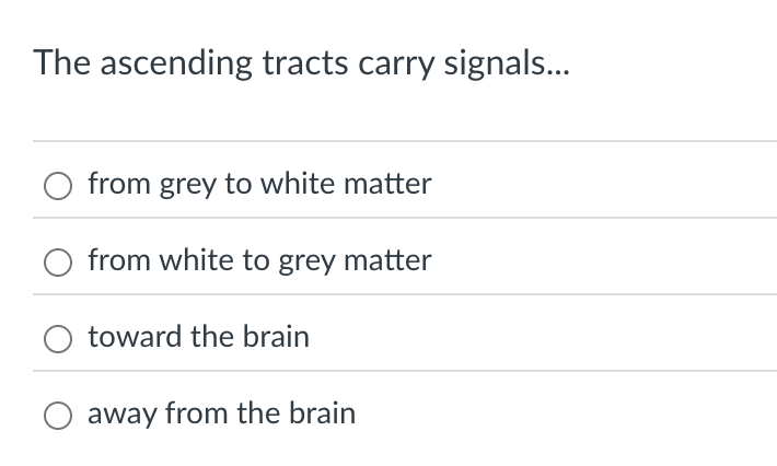 Solved The ascending tracts carry signals...from grey to | Chegg.com