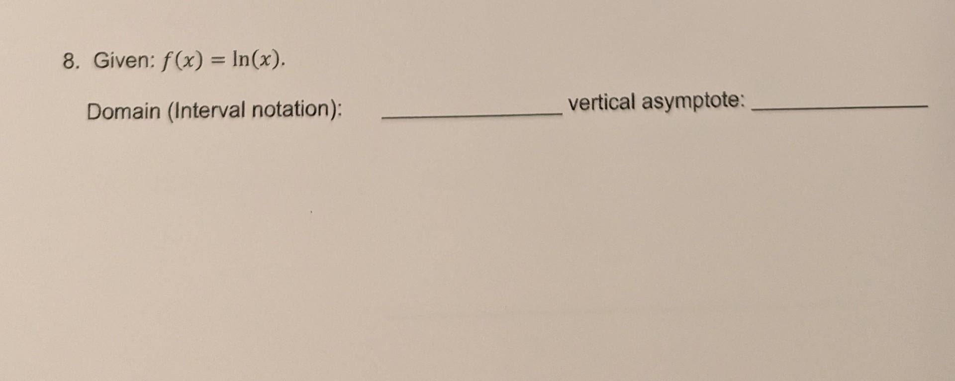 Solved 8. Given: f(x)=ln(x). Domain (Interval notation): | Chegg.com