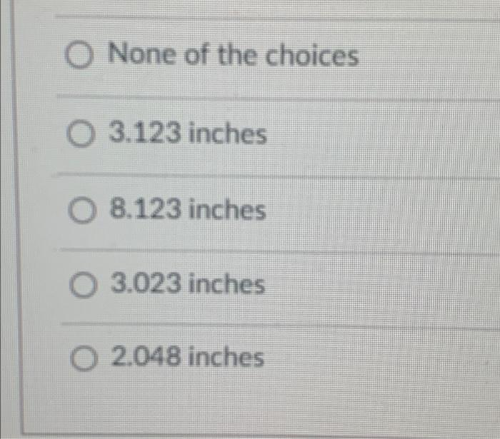 Solved None of the choices 3.123 inches 8.123 inches 3.023 | Chegg.com