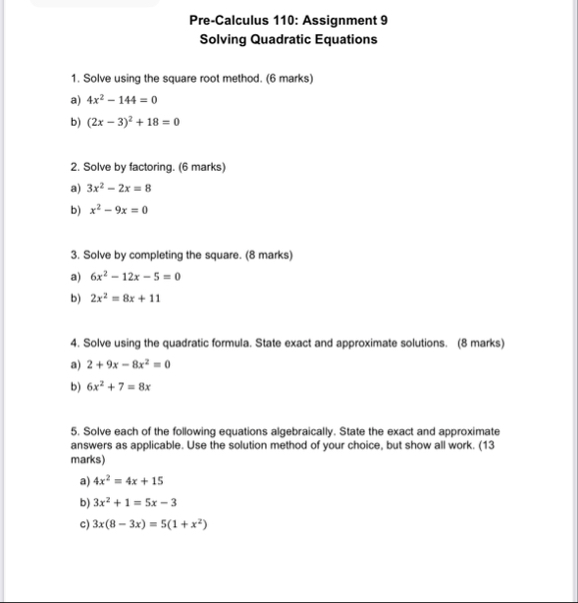 Solved Pre-Calculus 110: Assignment 9Solving Quadratic | Chegg.com