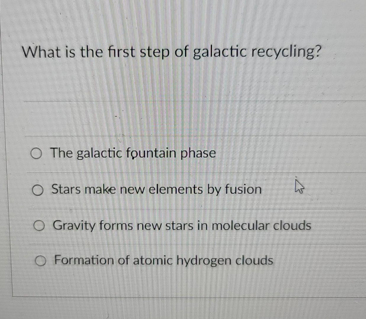 Solved What is the first step of galactic recycling? O The | Chegg.com