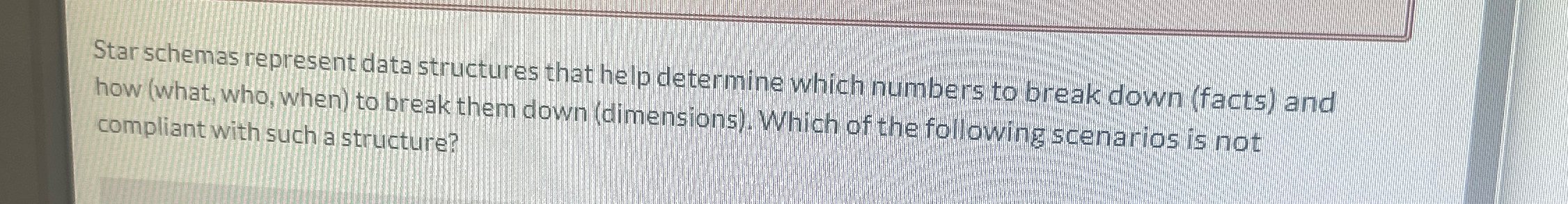 Solved Star schemas represent data structures that help | Chegg.com