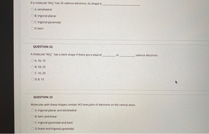 Solved If a molecule "AX3" has 26 valence electrons, its | Chegg.com