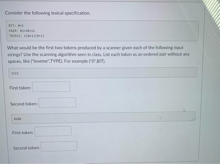 Solved Consider the following lexical specification. BIT: | Chegg.com