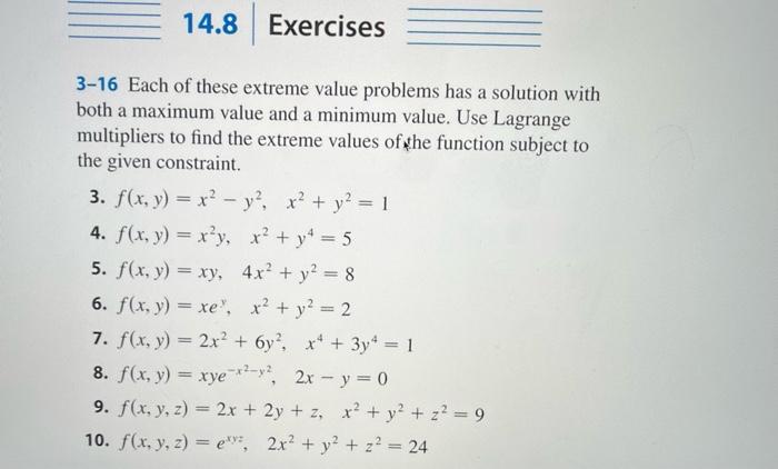 Solved 3-16 Each of these extreme value problems has a | Chegg.com