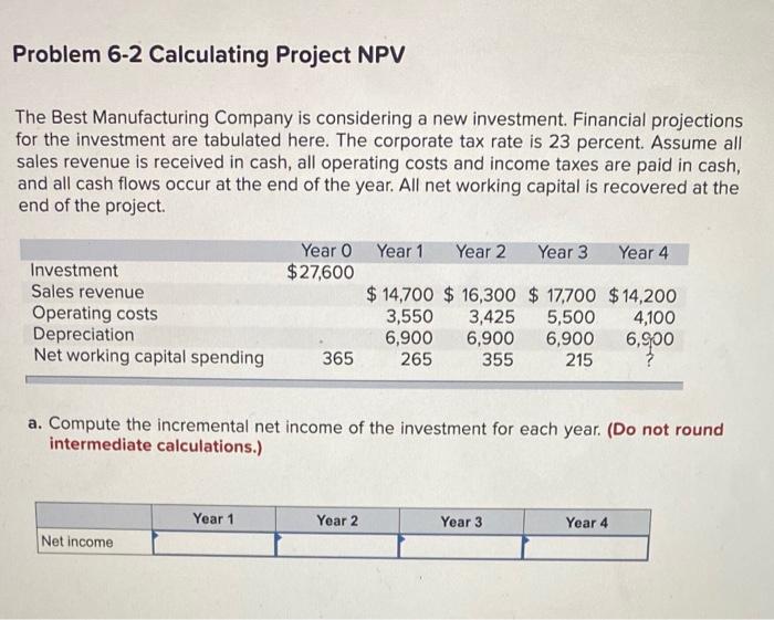 Solved Problem 6-2 Calculating Project NPV The Best | Chegg.com