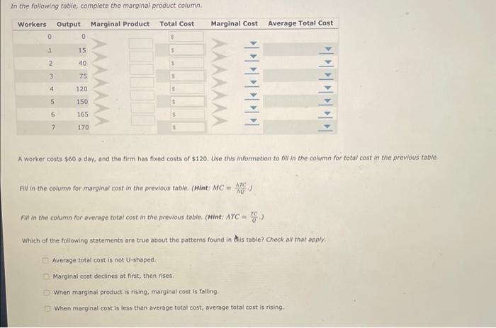 Solved In the following table, complete the marginal product | Chegg.com