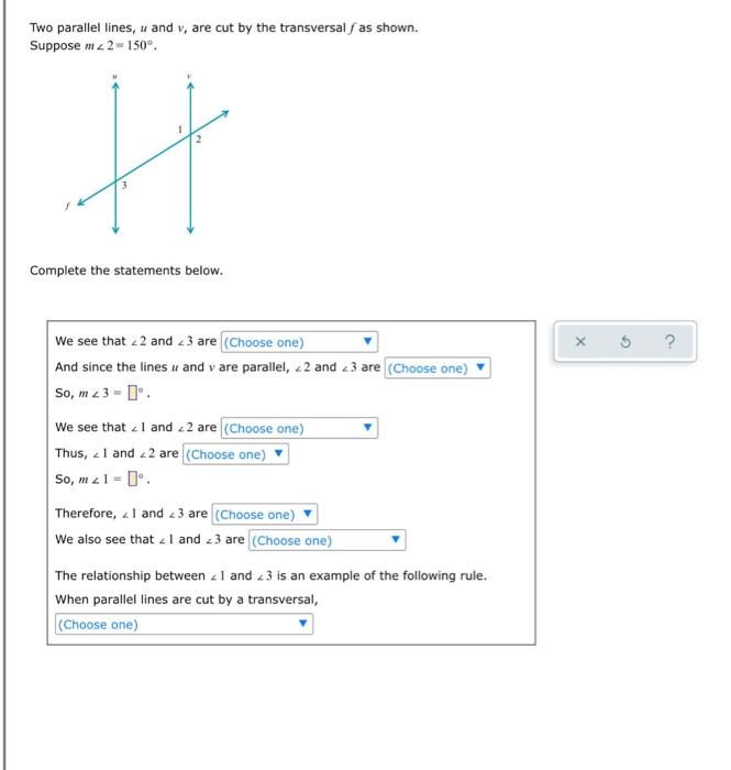 Solved Two parallel lines, u and v, are cut by the | Chegg.com