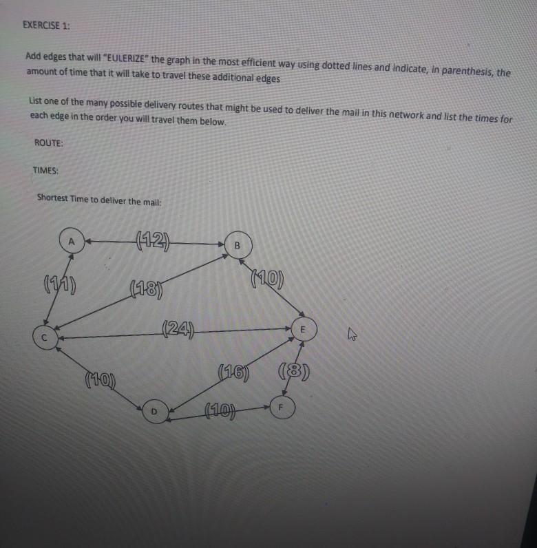 Solved EXERCISE 1: Add edges that will "EULERIZE" the graph | Chegg.com