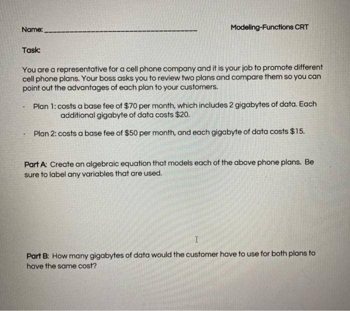 Solved Name: Modeling-Functions CRT Task You are a | Chegg.com